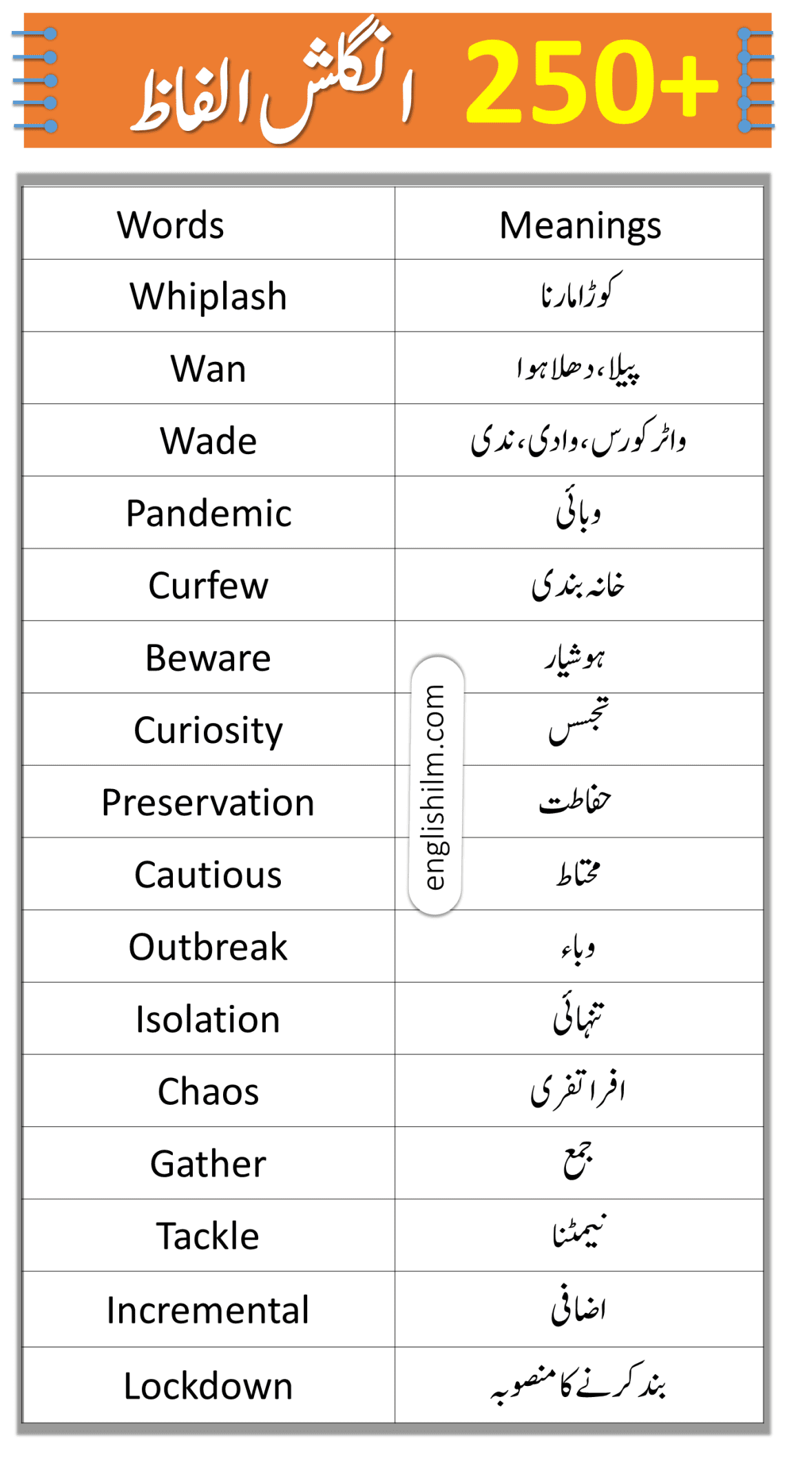 250+ Vocabulary Words List With Urdu Meanings • Englishilm