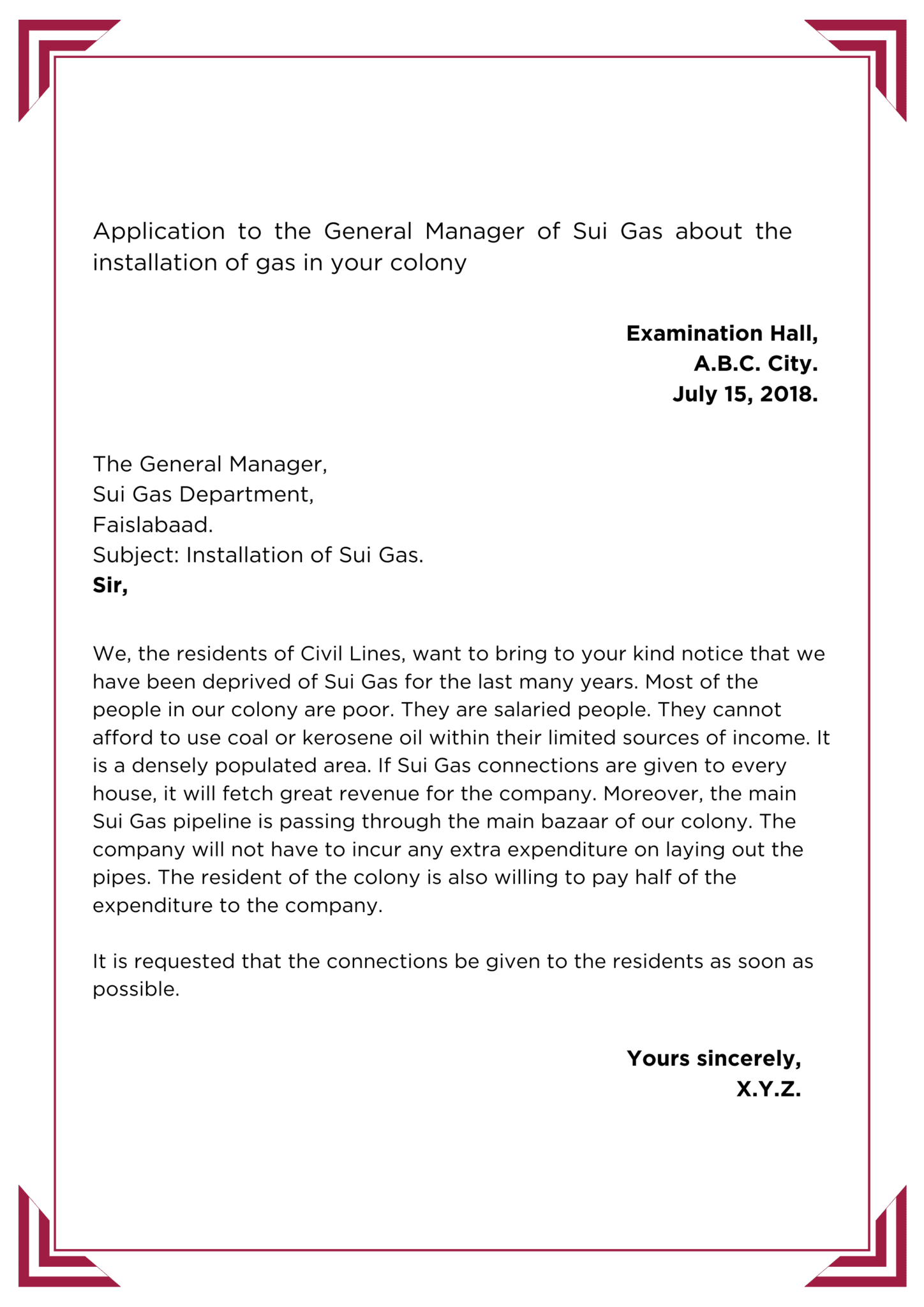 An Application To G.M. Sui Gas For Installation Of Gas