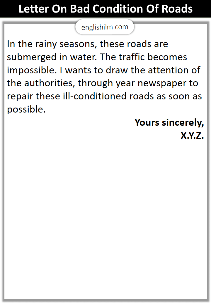 A Letter To The Editor About Bad Conditions of Roads • Englishilm