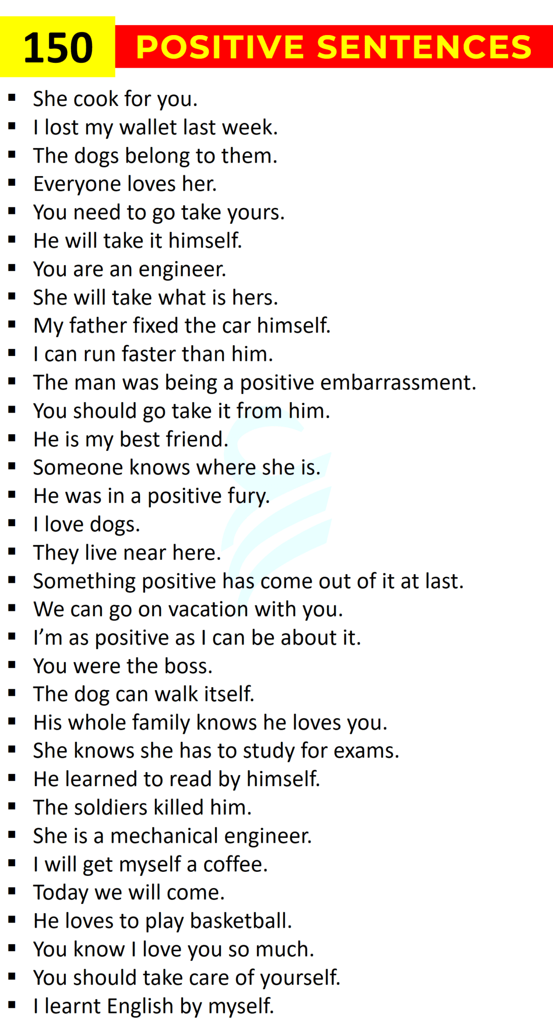 150 Positive Sentences in English | Sentences without No or Not