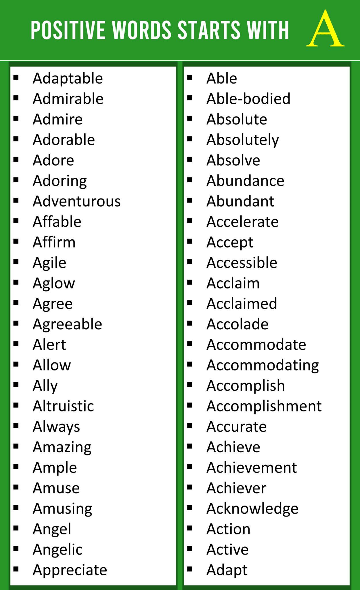 Huge List of English Words That Start with A with PDF