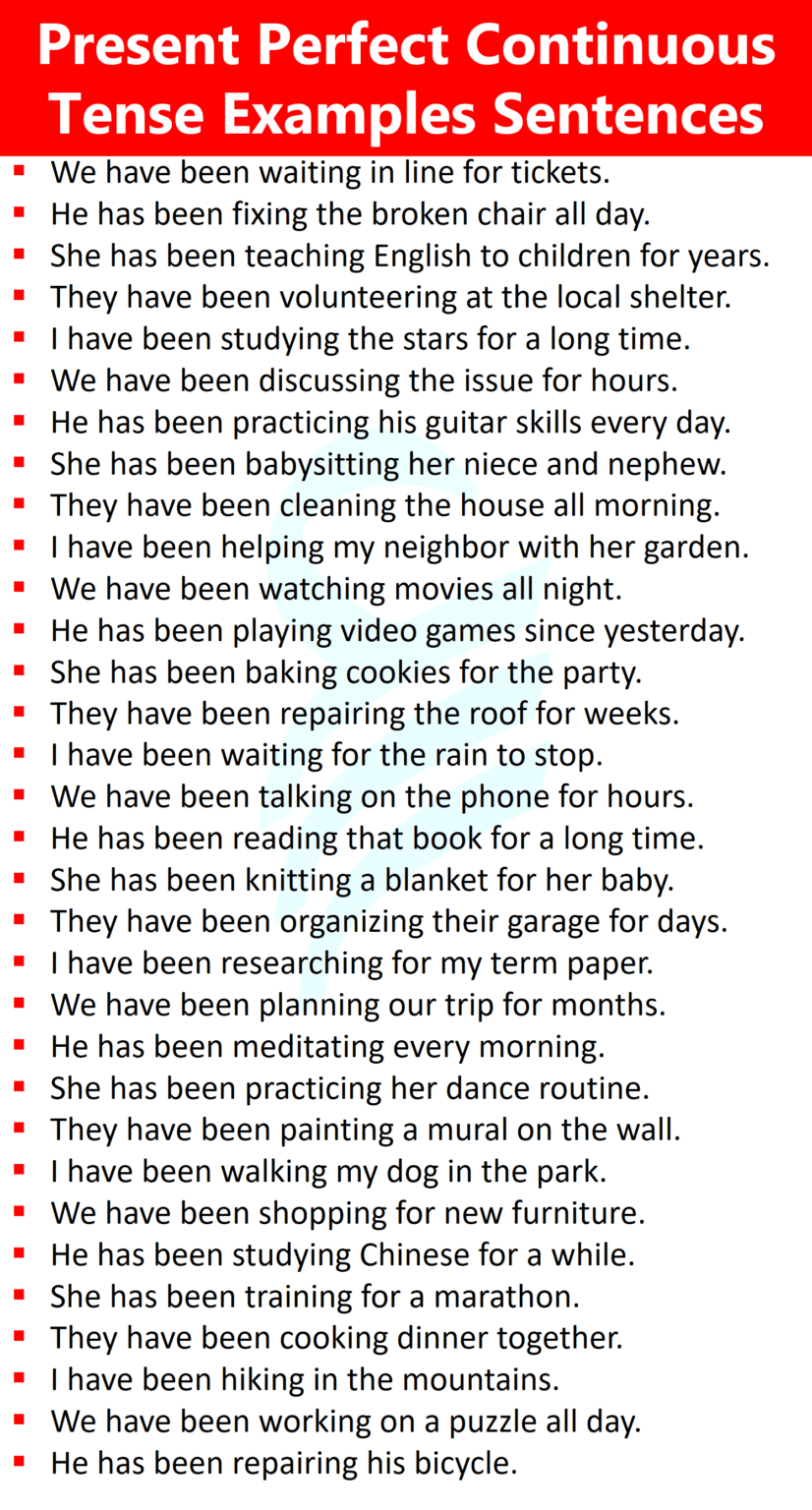 100 Present Perfect Continuous Tense Examples Sentences • Englishilm