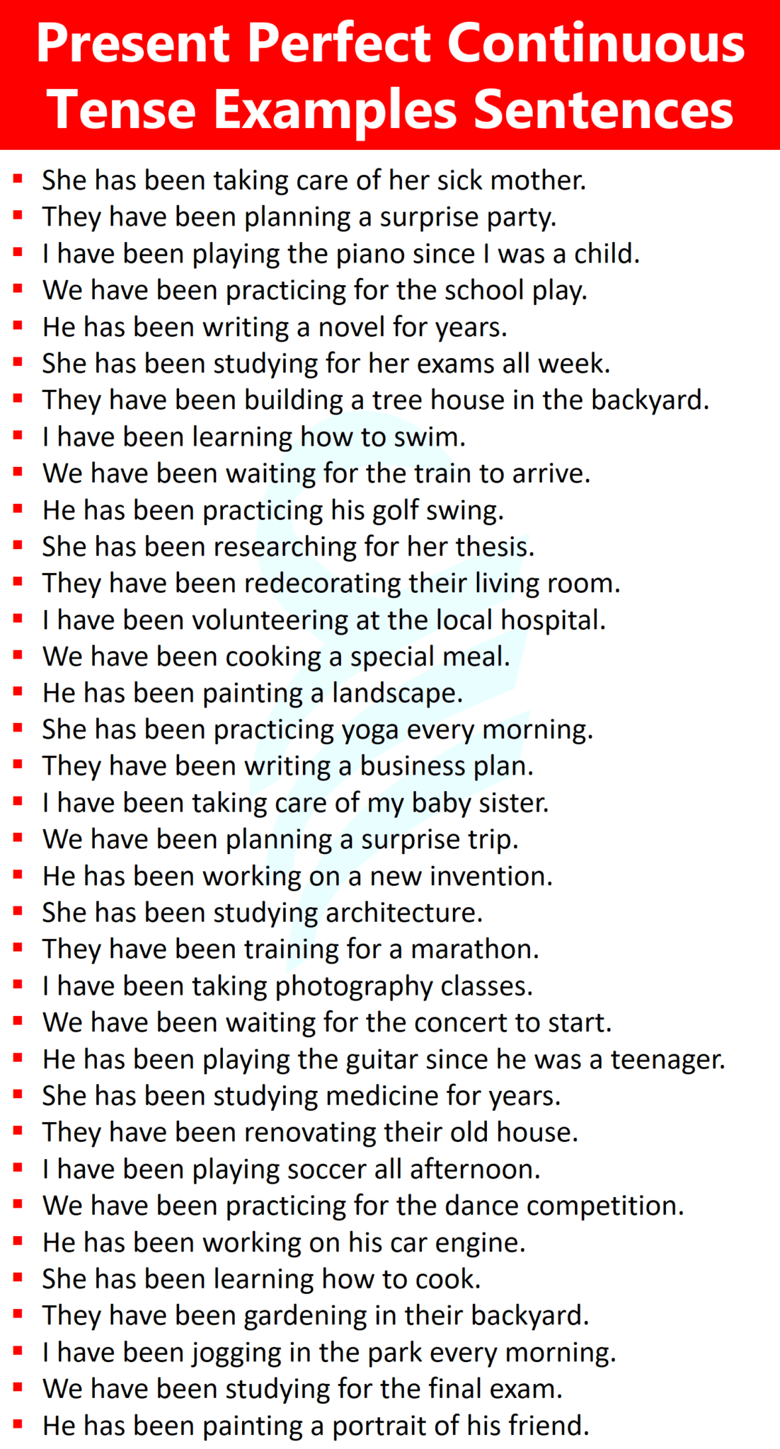 100 Present Perfect Continuous Tense Examples Sentences • Englishilm