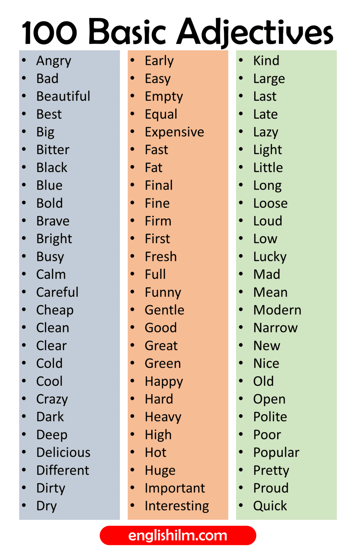 100 Basic Adjective Examples in English | Adjective Words • Englishilm