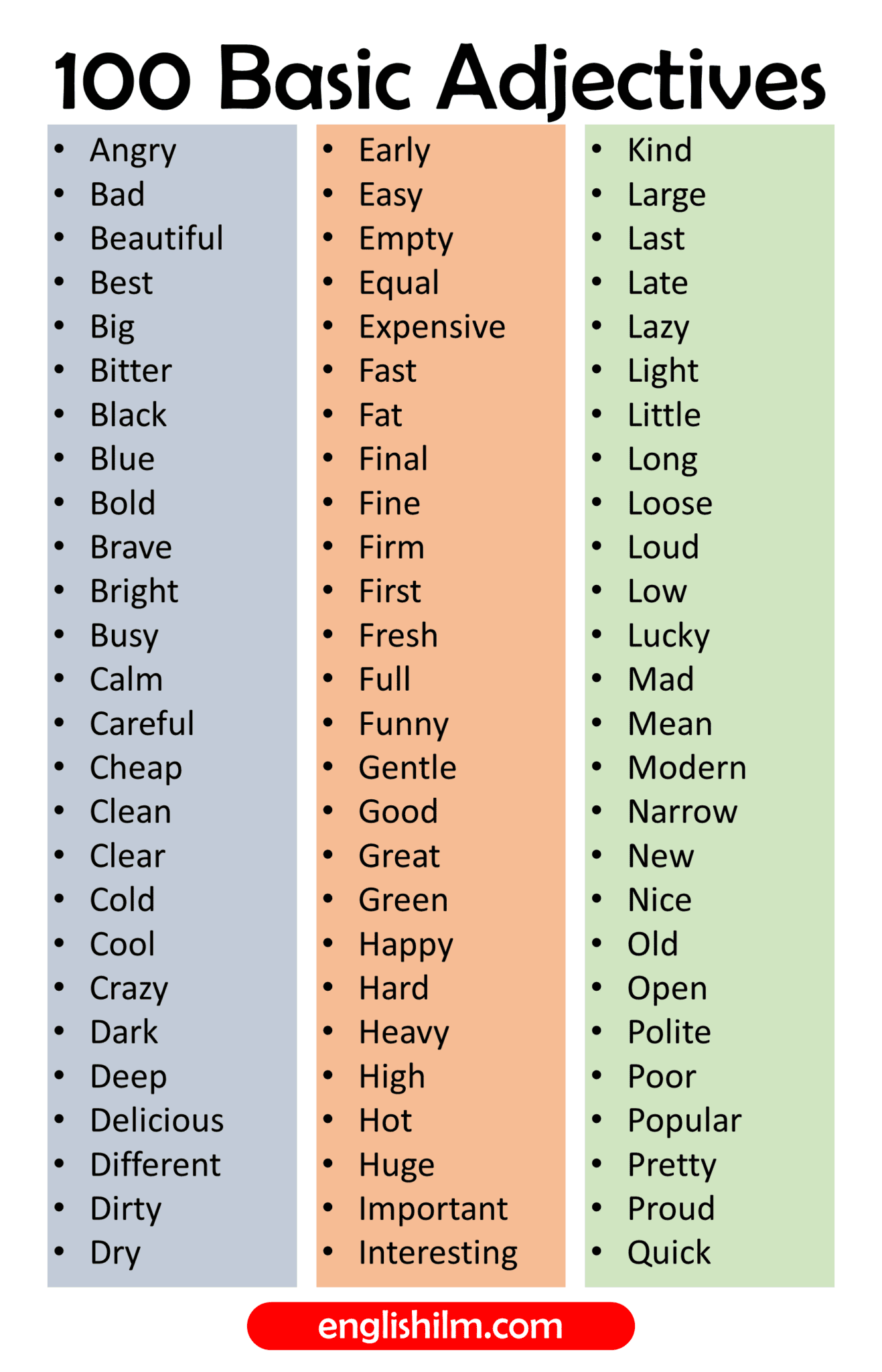 100 Basic Adjective Examples in English | Adjective Words • Englishilm