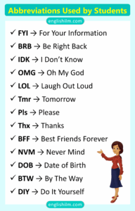 Classroom Abbreviations Used by Teachers and Students • Englishilm