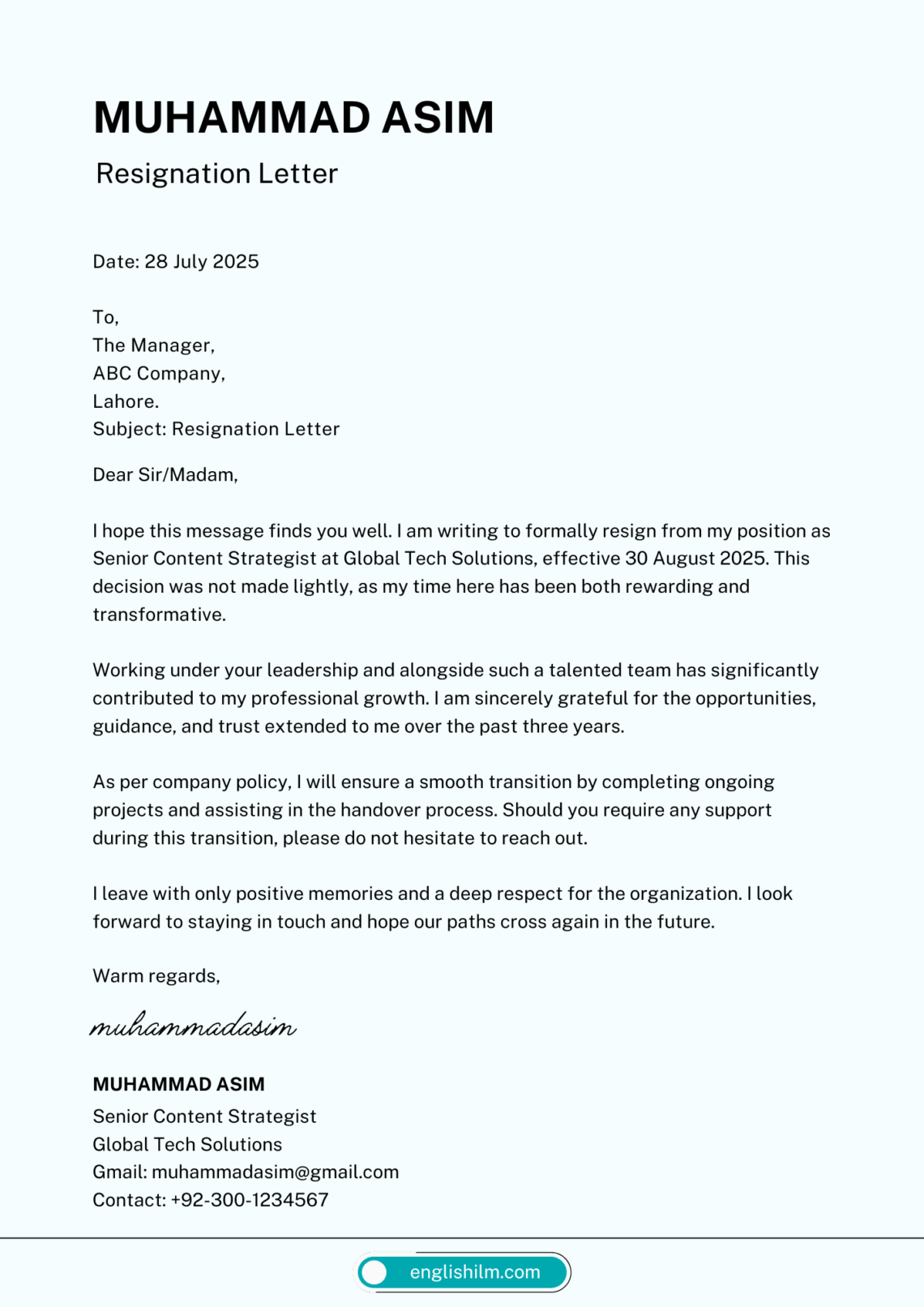Resignation Letter Examples and Format • Englishilm