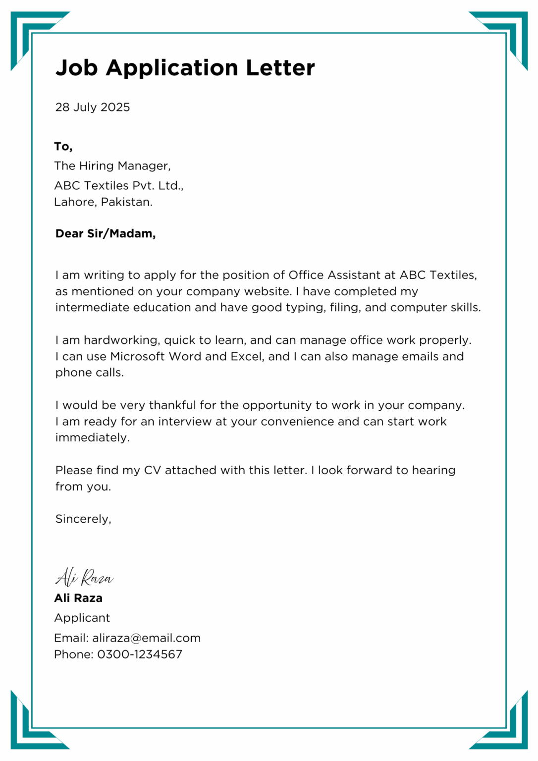 Job Application Letter Example and Format • Englishilm